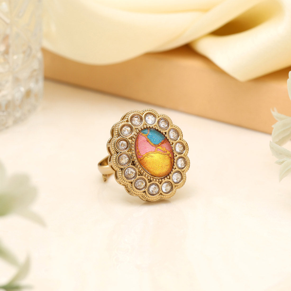 Color Burst Multi Color Kundan Ring For Women